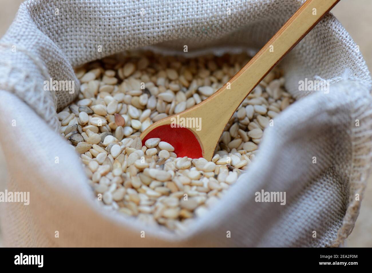 White seed ( Sesamum indicum) in small bag with spoon Stock Photo - Alamy