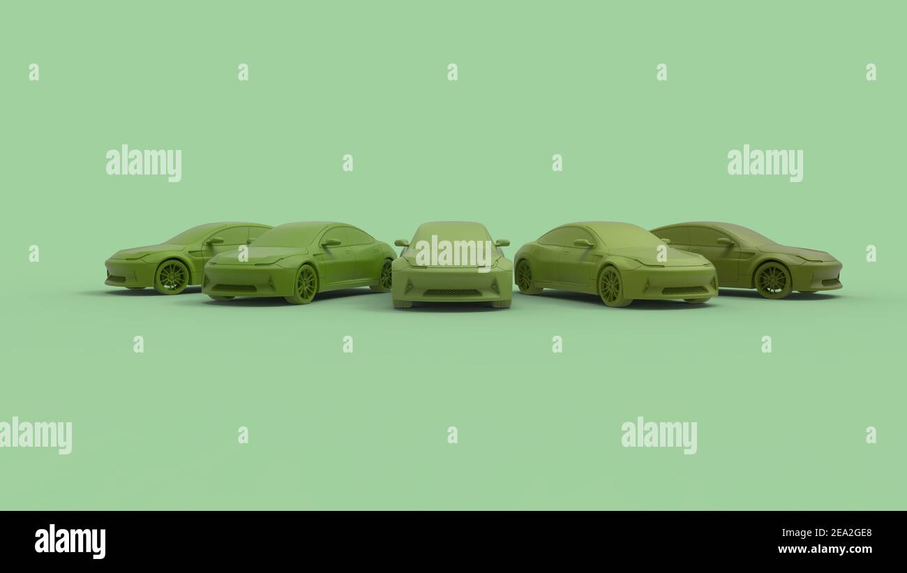 Electric vehicle cars, 3d rendering. Multiple cars lined up in a circle ...