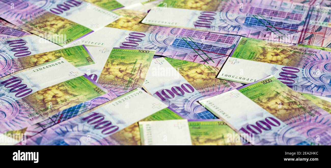 Collection of the Swiss 1000 franks banknotes. 1000 franks note issued ...