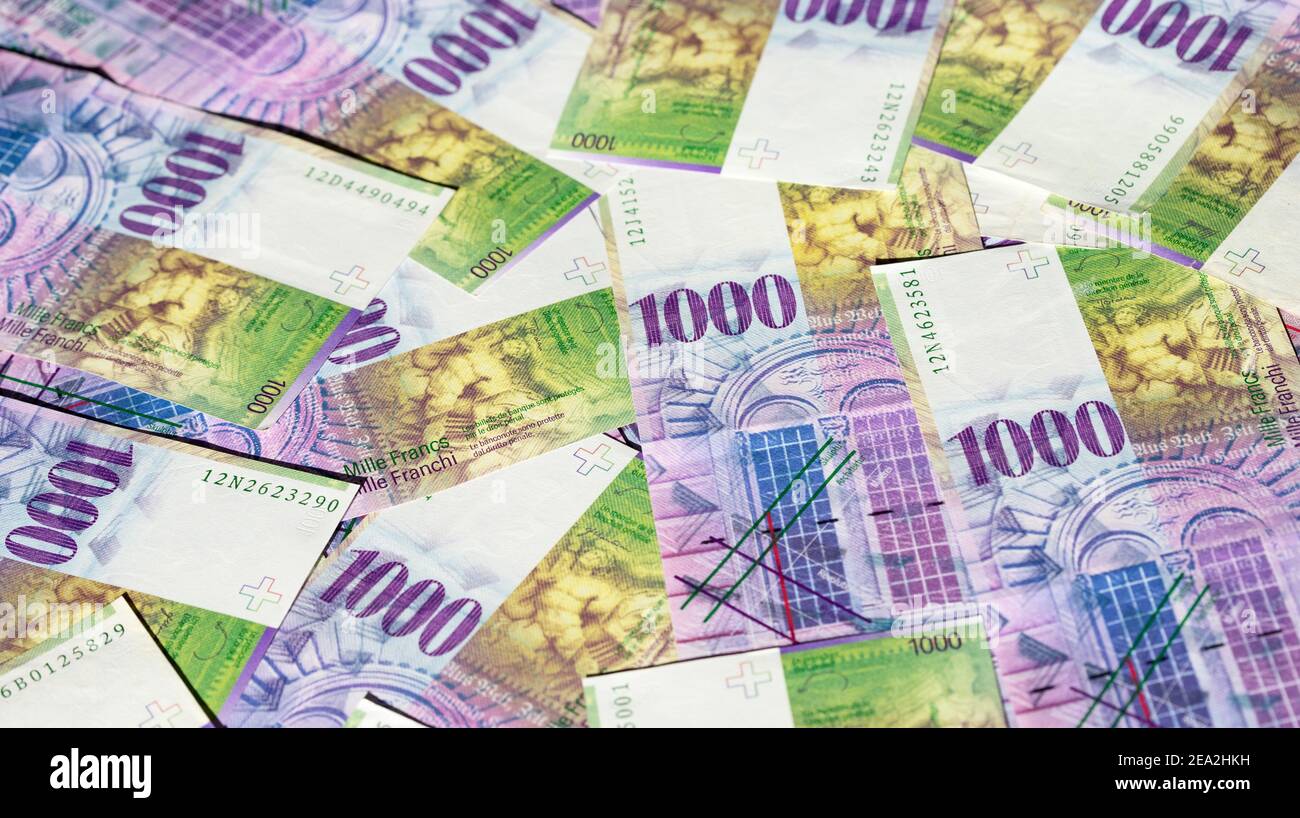Collection of the Swiss 1000 franks banknotes. 1000 franks note issued ...