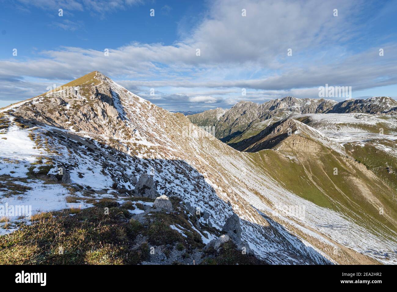 Autumn landscape of the Dolomites with Kreuzkofeljoch, Sobutsch and ...