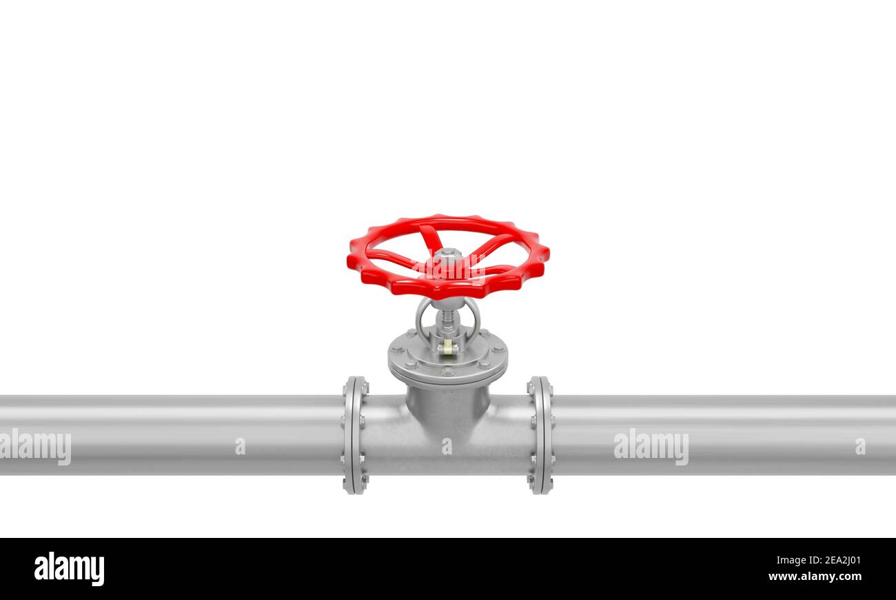3D render glossy metal pipe with valve on a white background ...