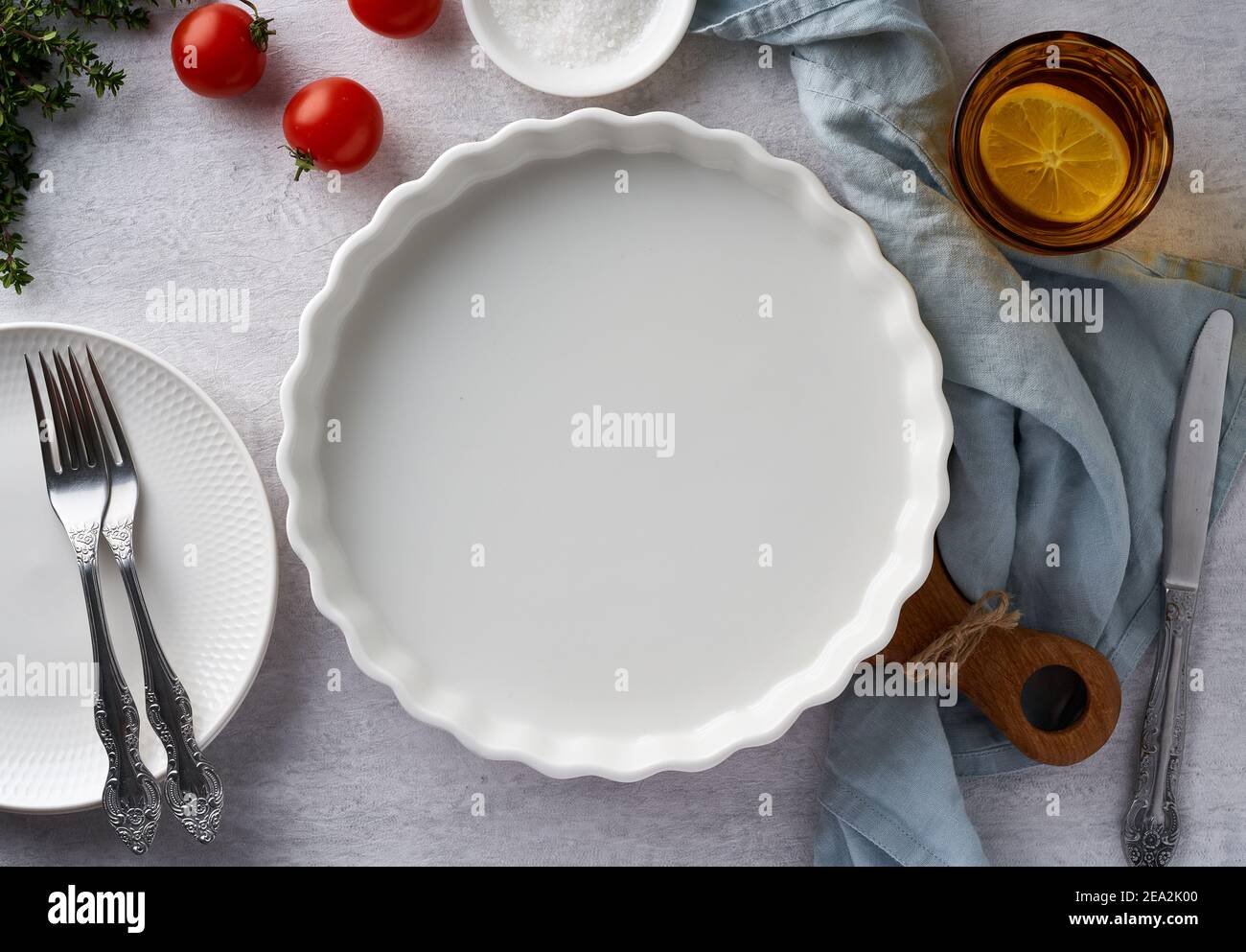 Food background mockup with round baking dish porcelain ramekin on ...