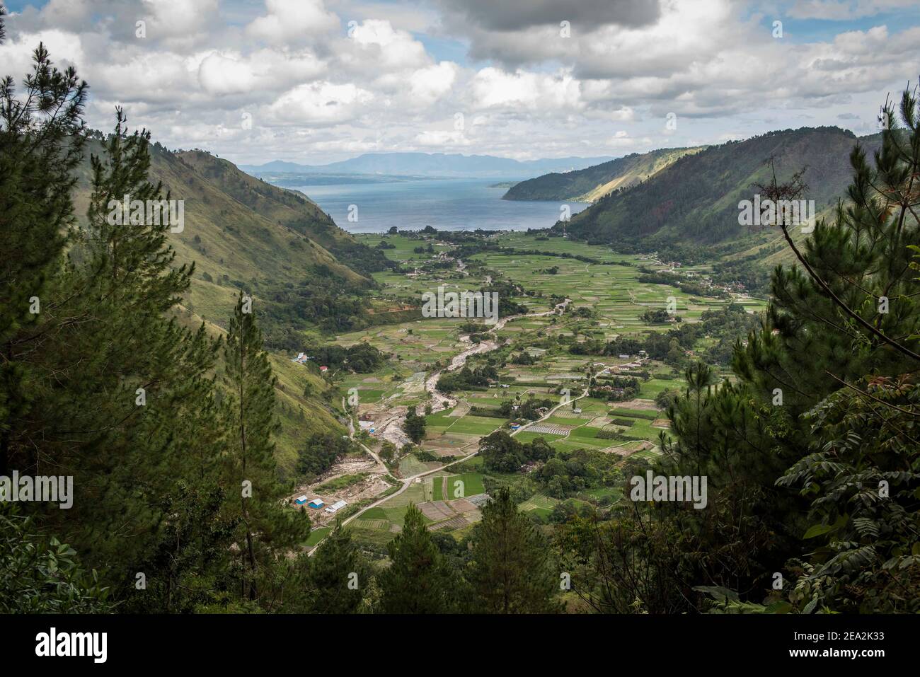 General view of a valley leading to Lake Toba in Sumatra, Indonesia ...