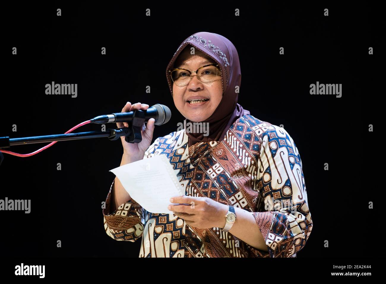 Tri Rismaharini, known as Bu Risma, addresses a crowd at a schools ...