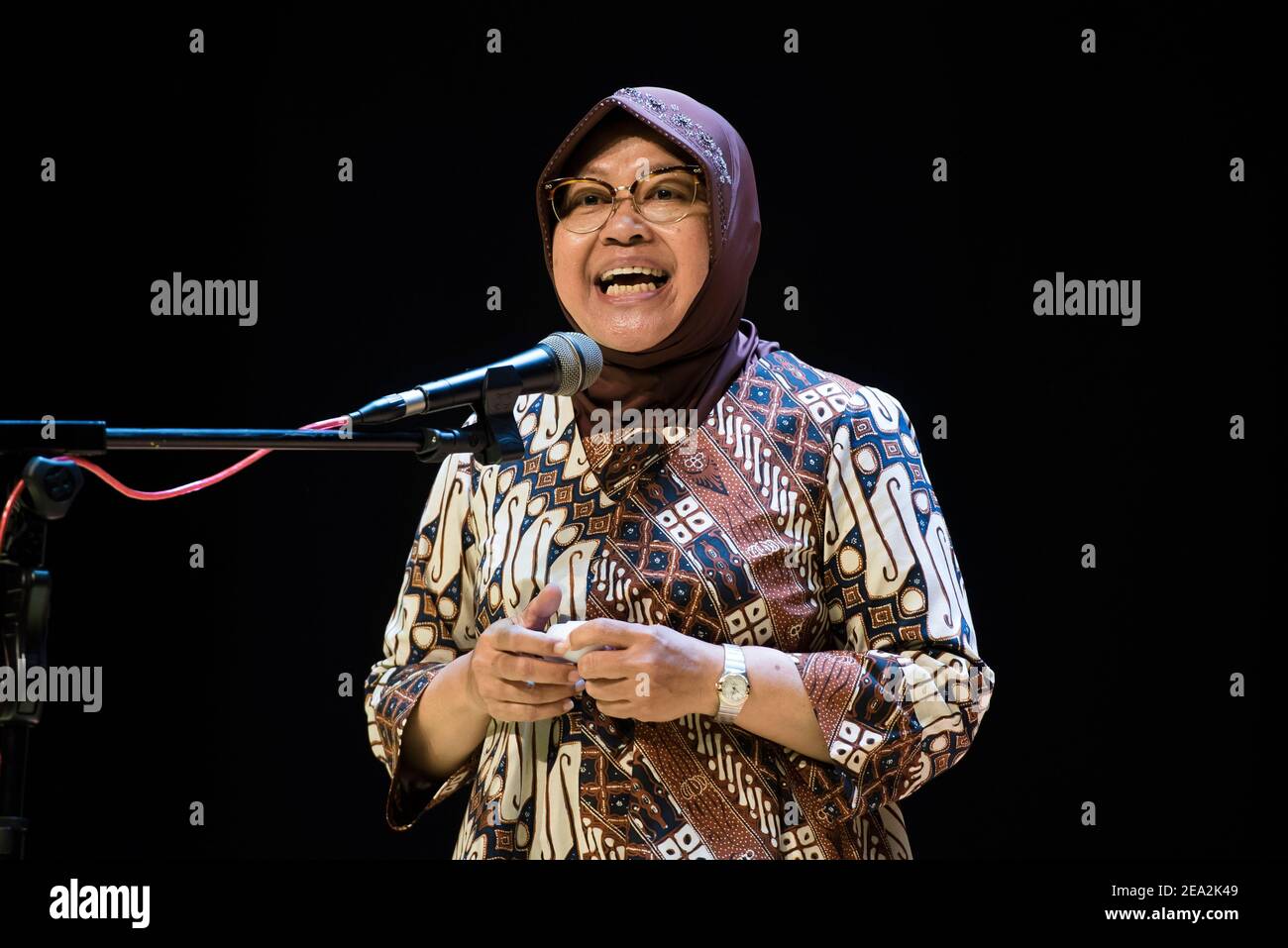 Tri Rismaharini, known as Bu Risma, addresses a crowd at a schools ...