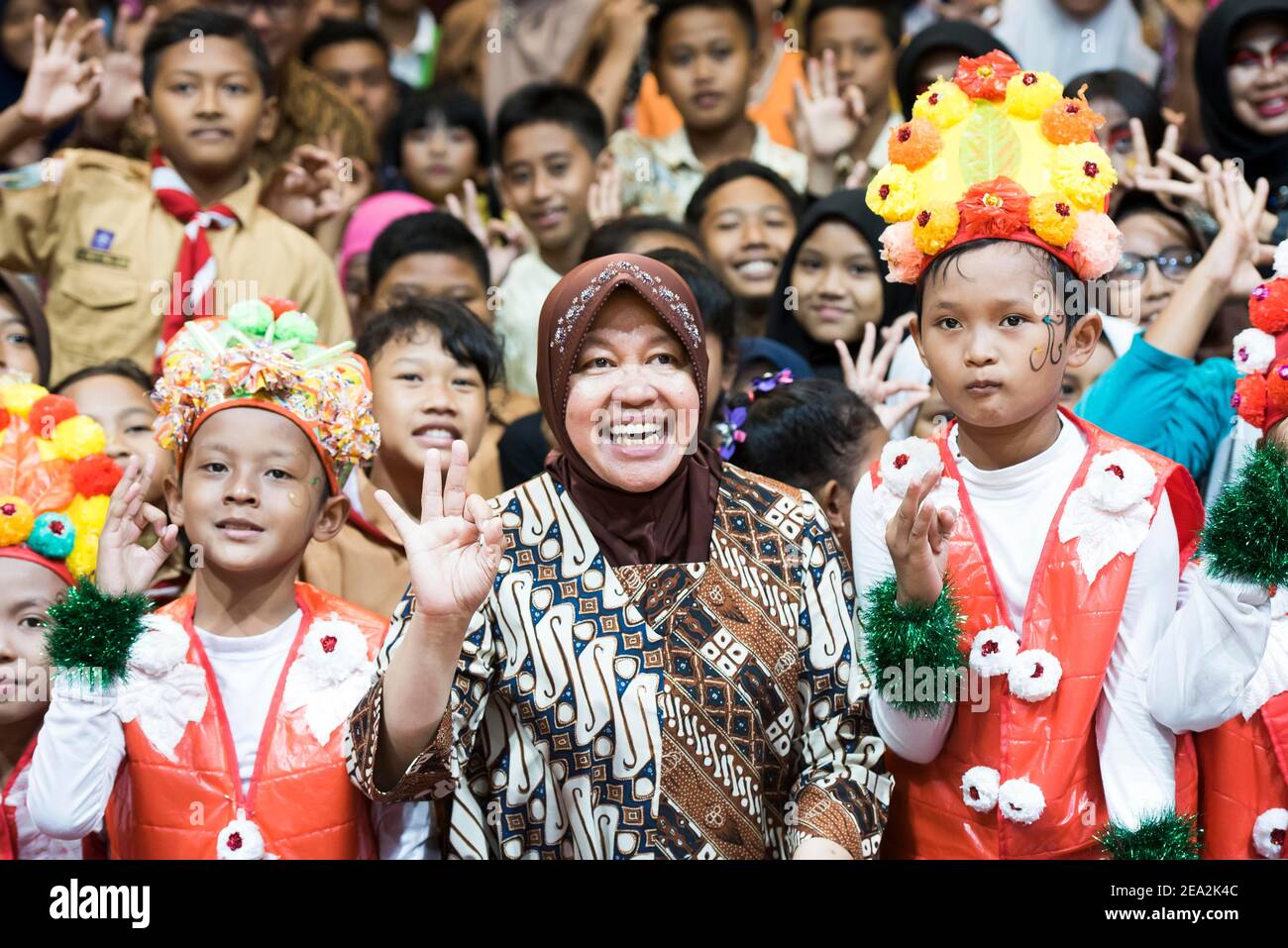 Tri Rismaharini, known as Bu Risma, at a photocall with children at a ...