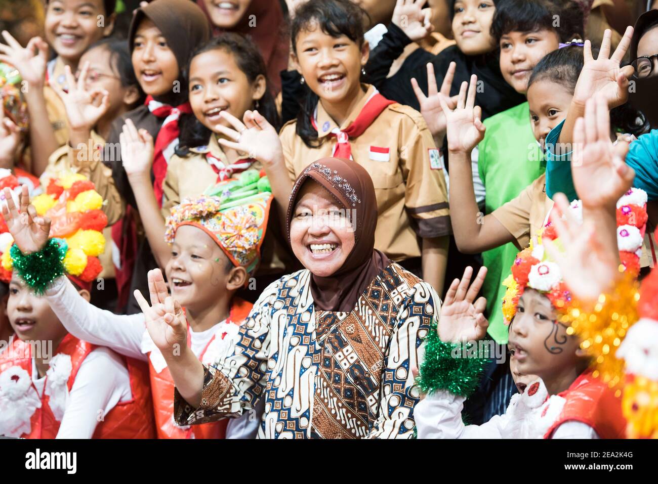 Tri Rismaharini, known as Bu Risma, at a photocall with children at a ...