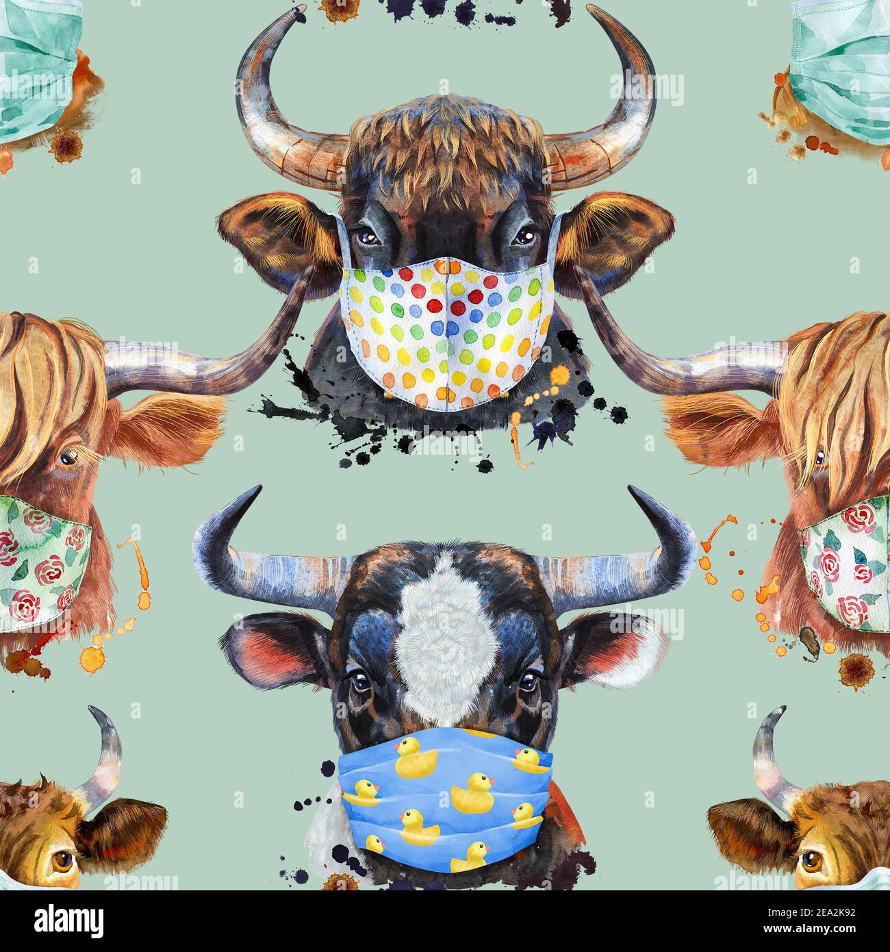 Bull watercolor graphics. Seamless pattern. Bull animal illustration ...