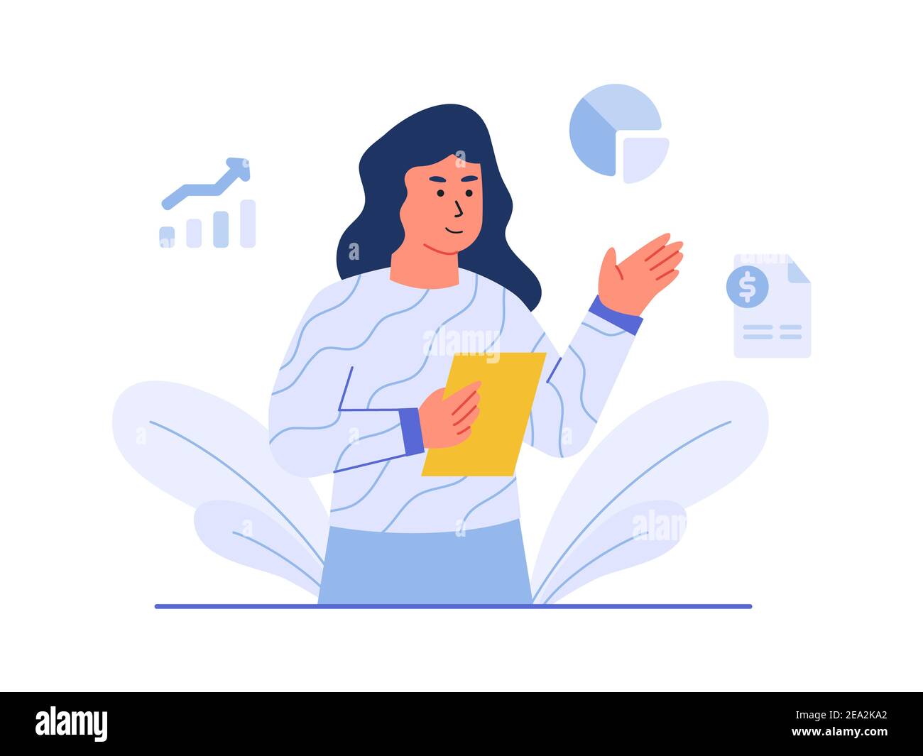 finance character women hold paper background of pie chart bar chart ...