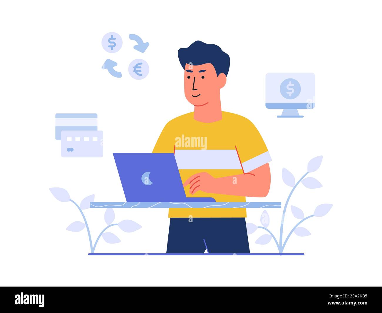 finance character man working on laptop background of credit card ...