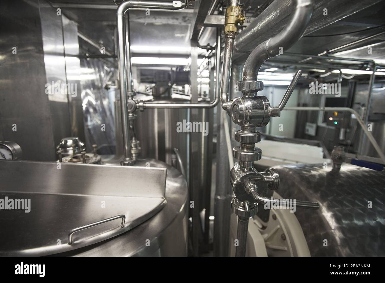 Close up background image of steel machine units at clean food ...