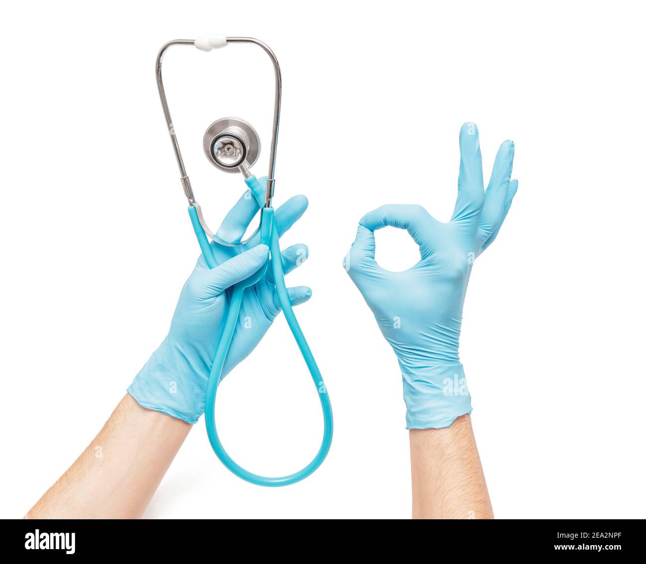 Hands of the doctor in protective gloves holds a stethoscope. This is a ...