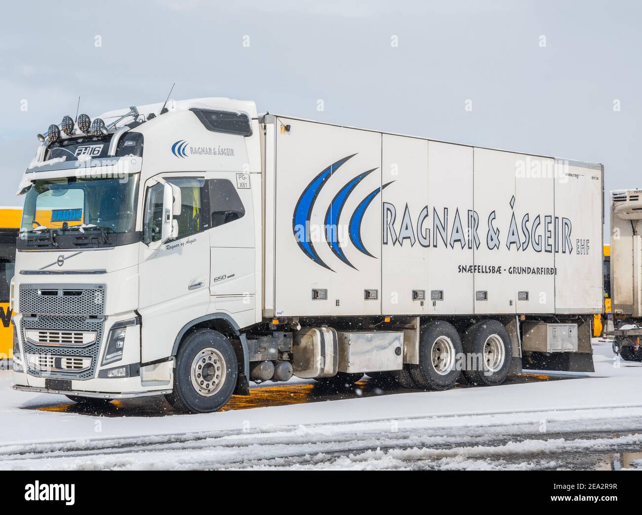 Reykjavik Iceland - March 21. 2020: Volvo lorry parked in the snow ...
