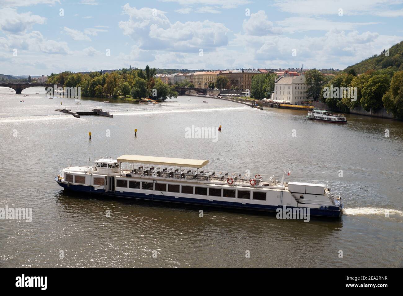 Vltava River, passenger ship. Prague is the capital of the Czech ...