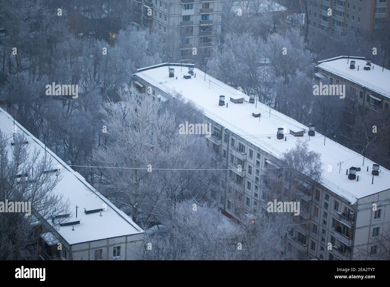 MOSCOW, RUSSIA: Top view of five-story buildings in winter. Blue toning ...