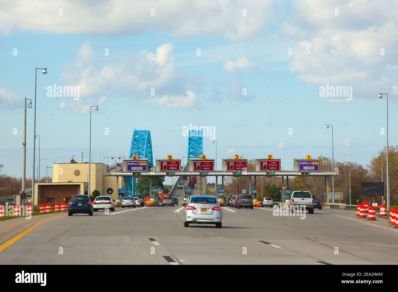 View of a tollbooth on the road at the entrance of Blue bridge ...