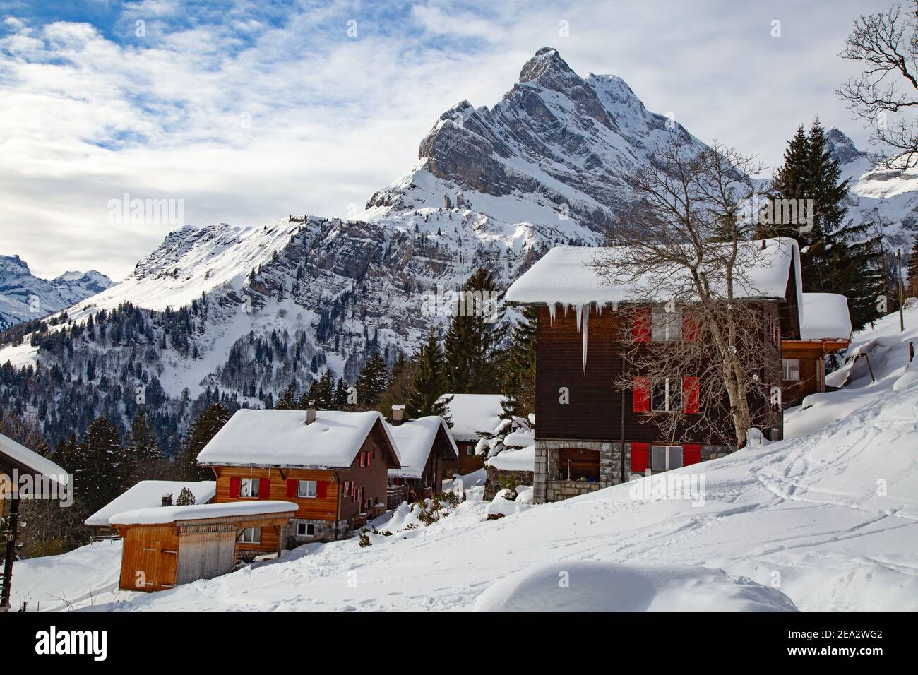 Winter in the swiss alps (Braunwald, Glarus, Switzerland Stock Photo ...