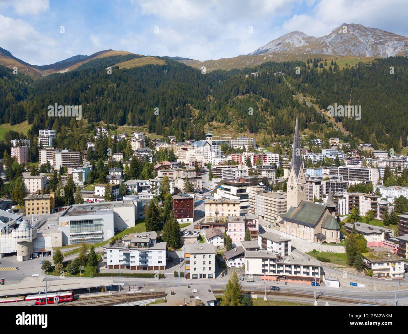 Aerial view of Davos city and lake. Davos is swiss city, famous ...