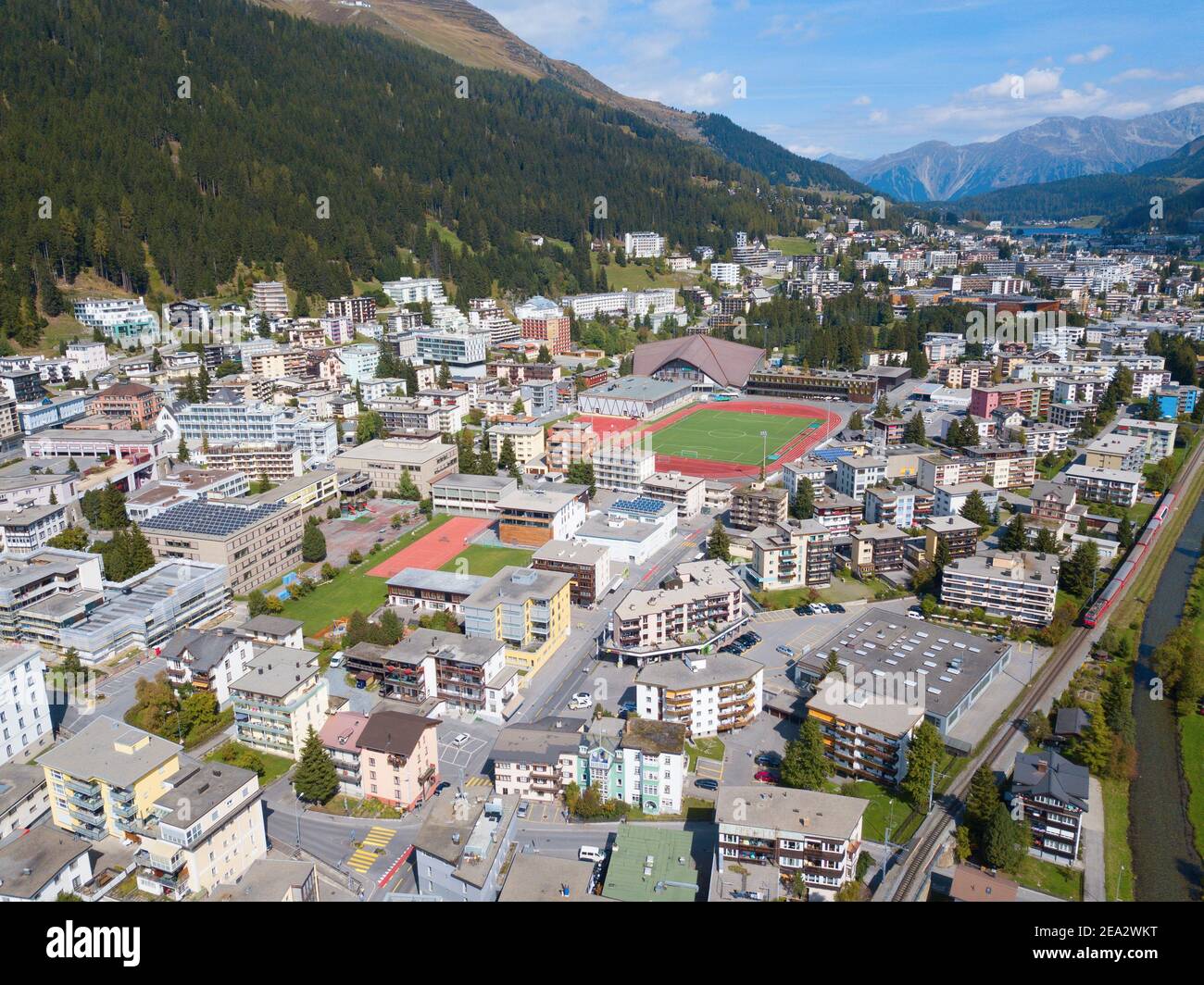 Aerial view of Davos city and lake. Davos is swiss city, famous ...