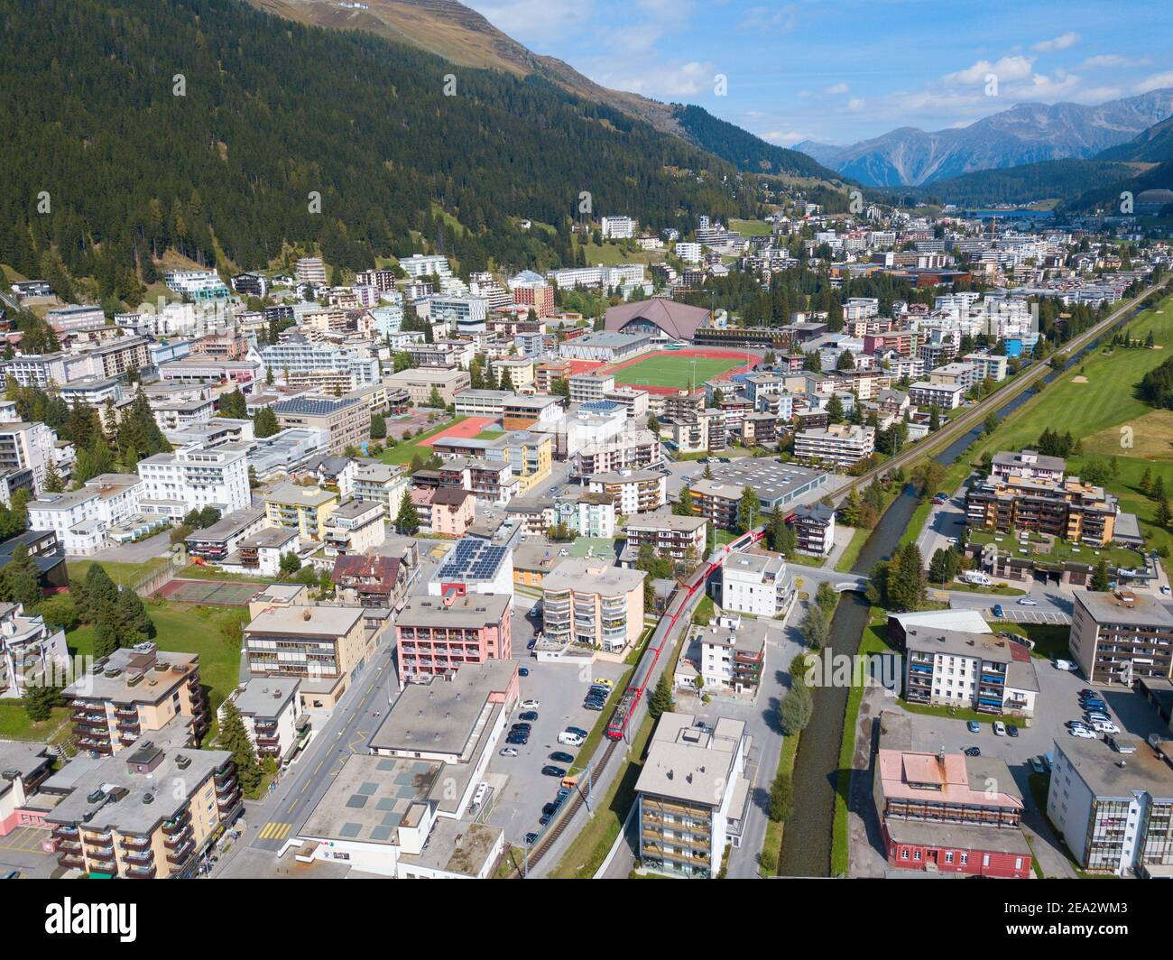 Aerial view of Davos city and lake. Davos is swiss city, famous ...