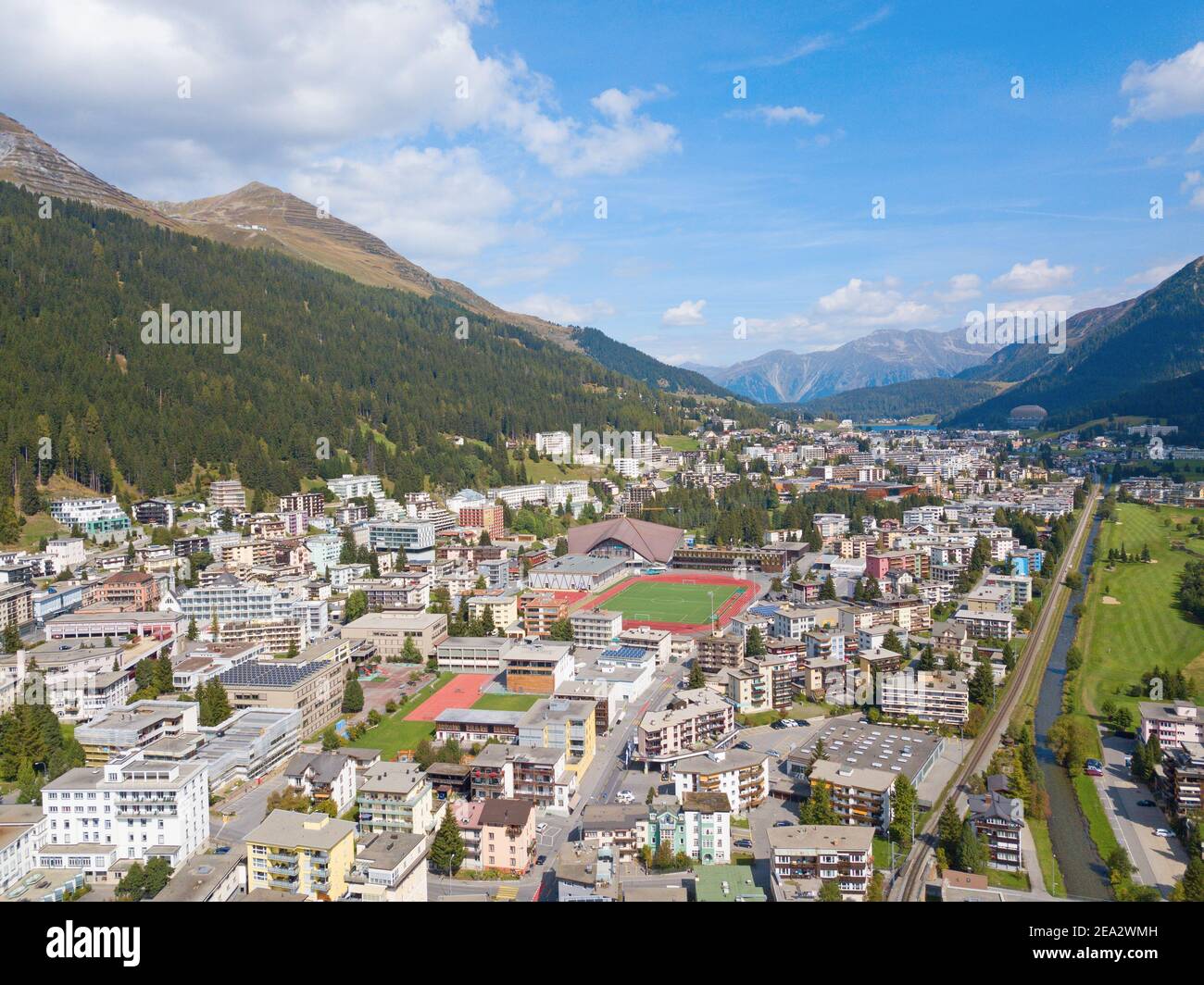 Aerial view of Davos city and lake. Davos is swiss city, famous ...
