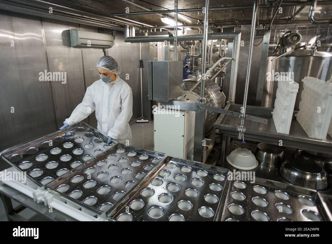 High angle background image of industrial conveyor belt at clean food ...