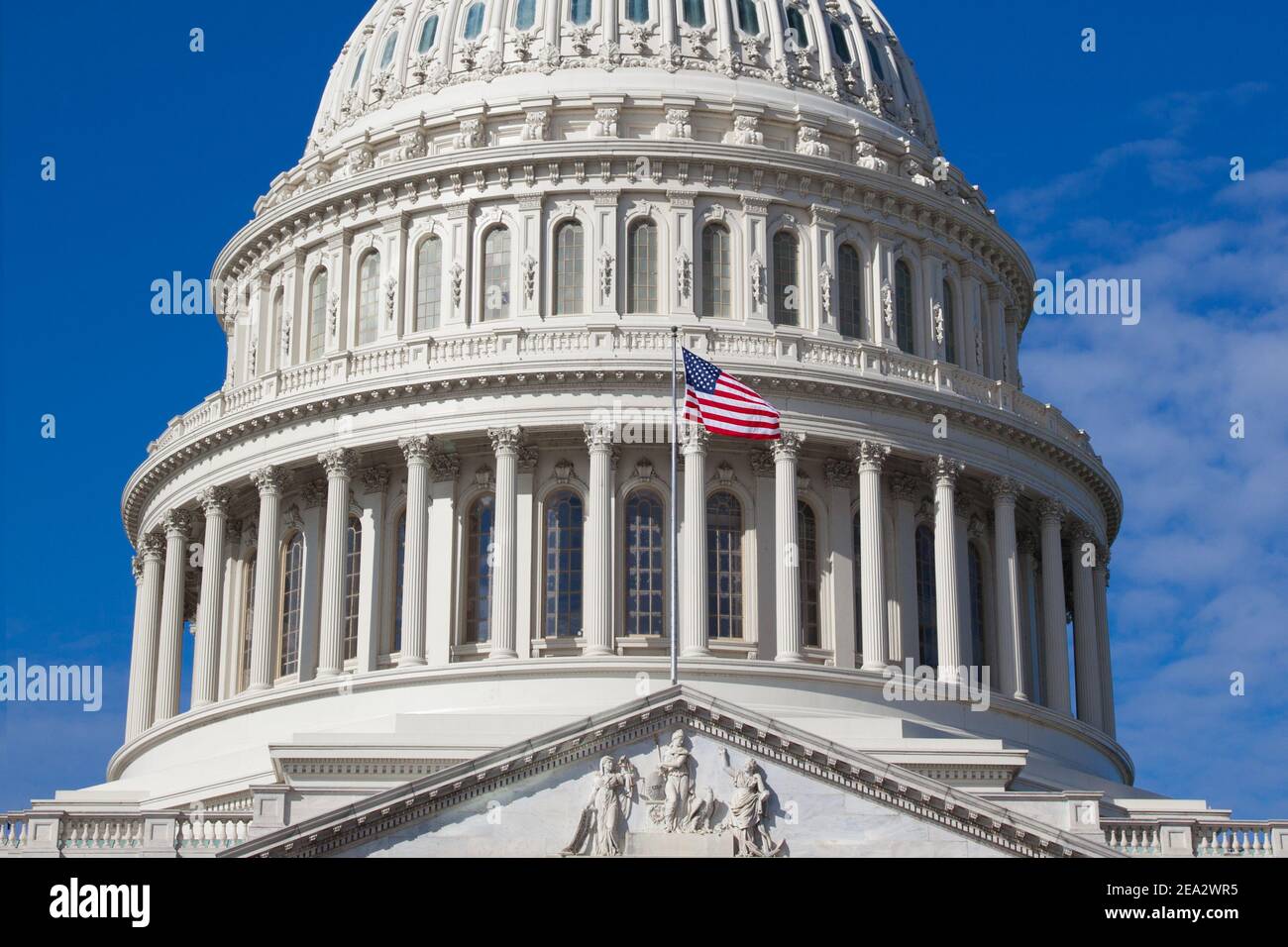 US Capitol building is close up. American flag is on the building of ...