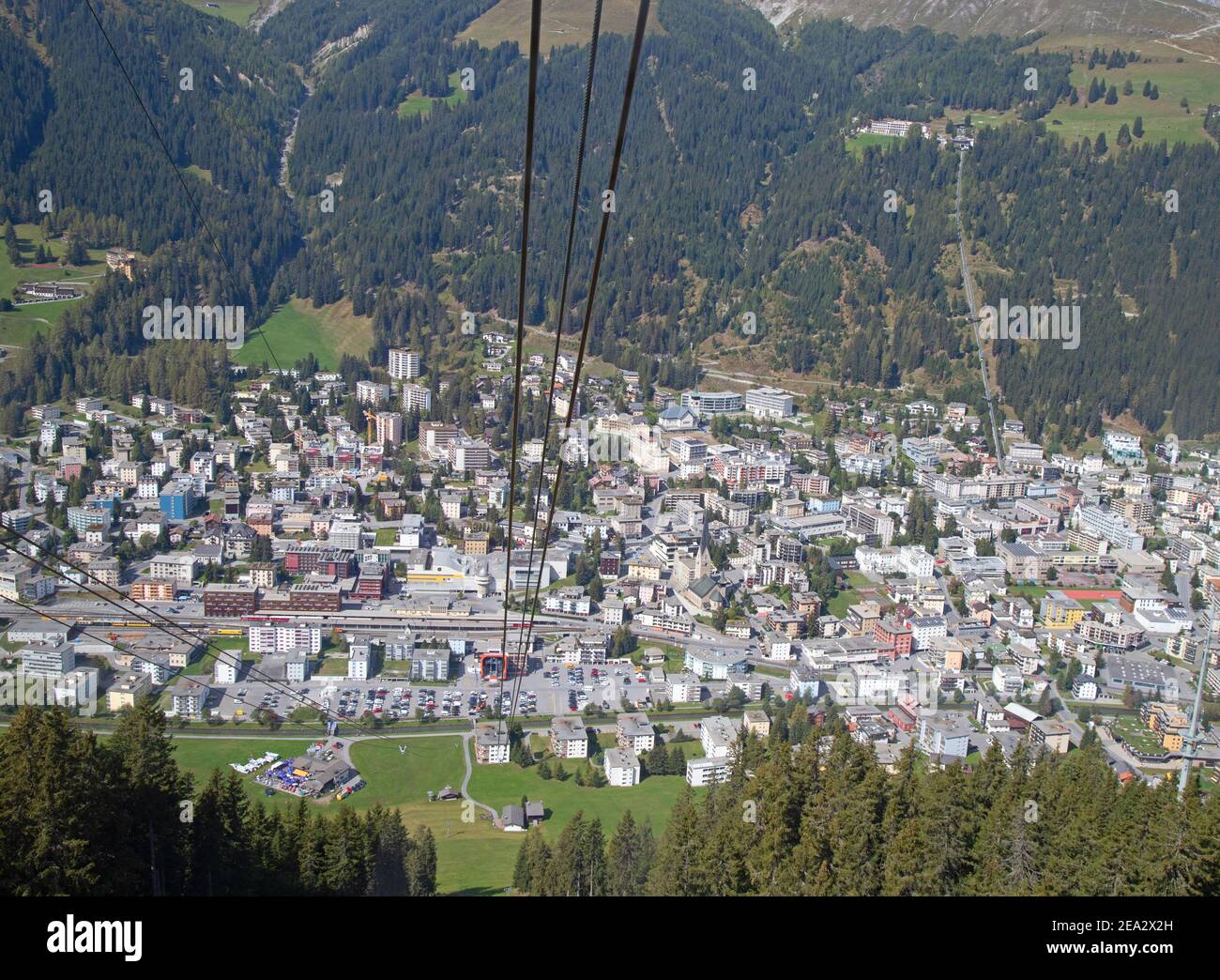 Aerial view of Davos city and lake. Davos is swiss city, famous ...