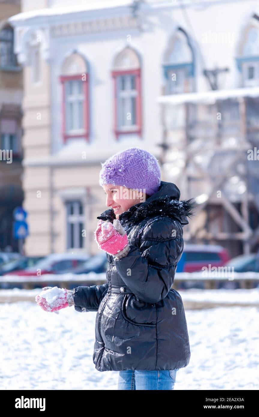 Timisoara, Romania - January 30, 2014: Kids playing with snow in the ...