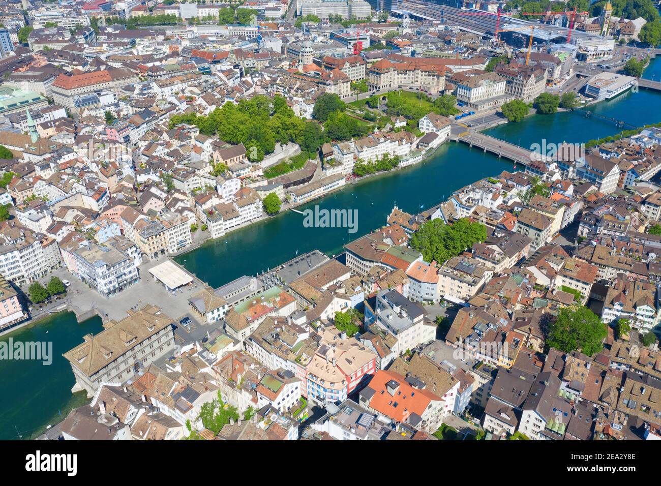 Aerial view of Limmat river and famous Zurich churches. Zurich is ...