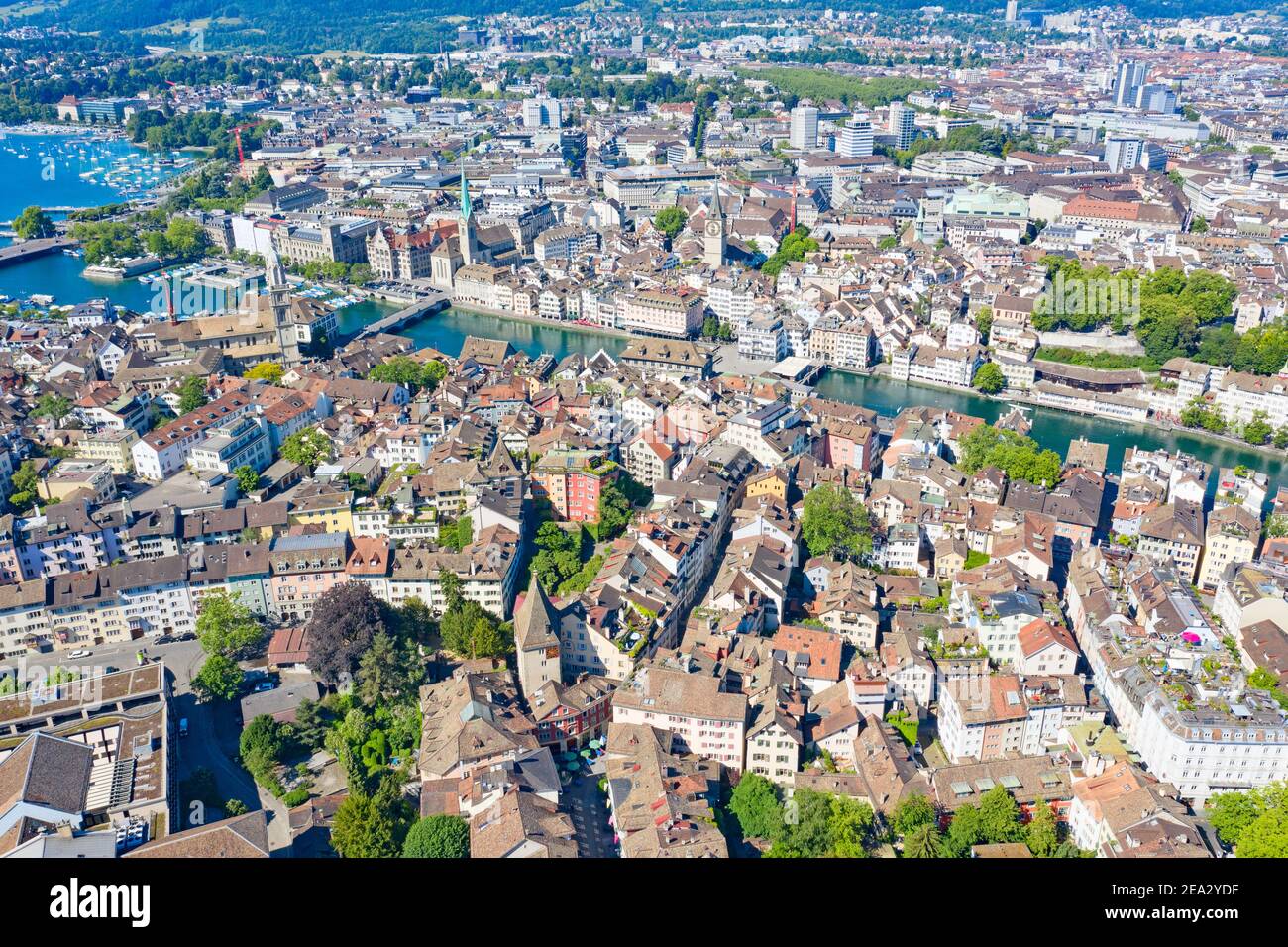 Aerial view of Limmat river and famous Zurich churches. Zurich is important financial center of ...