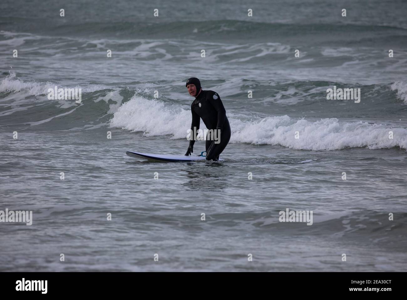 Surfers seen from St Gothian Sands in Cornwall, UK Stock Photo - Alamy