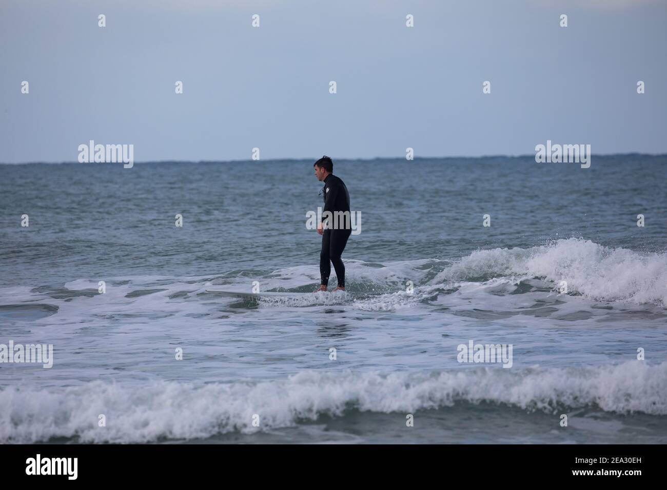 Surfers seen from St Gothian Sands in Cornwall, UK Stock Photo - Alamy