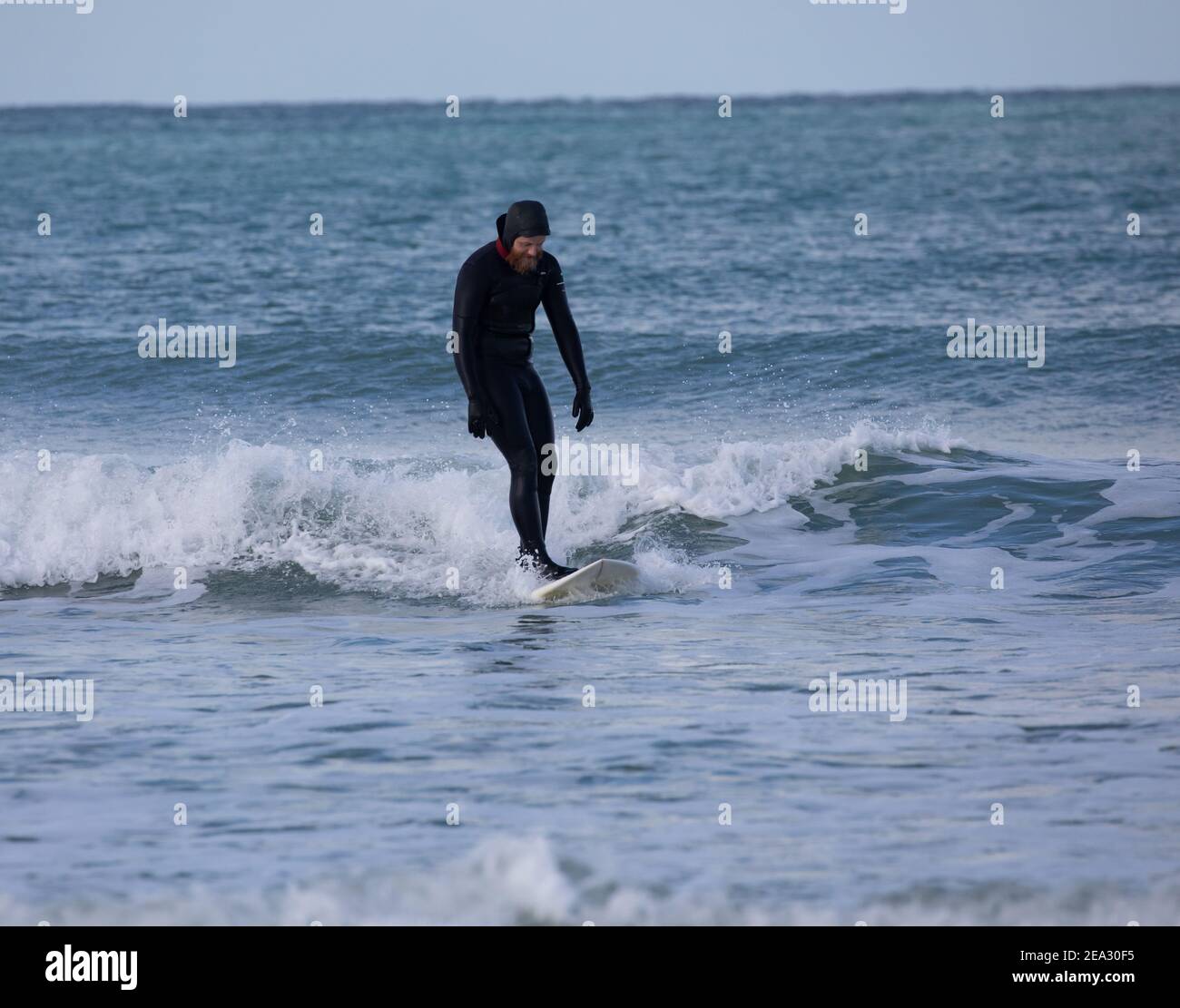 Surfers seen from St Gothian Sands in Cornwall, UK Stock Photo - Alamy