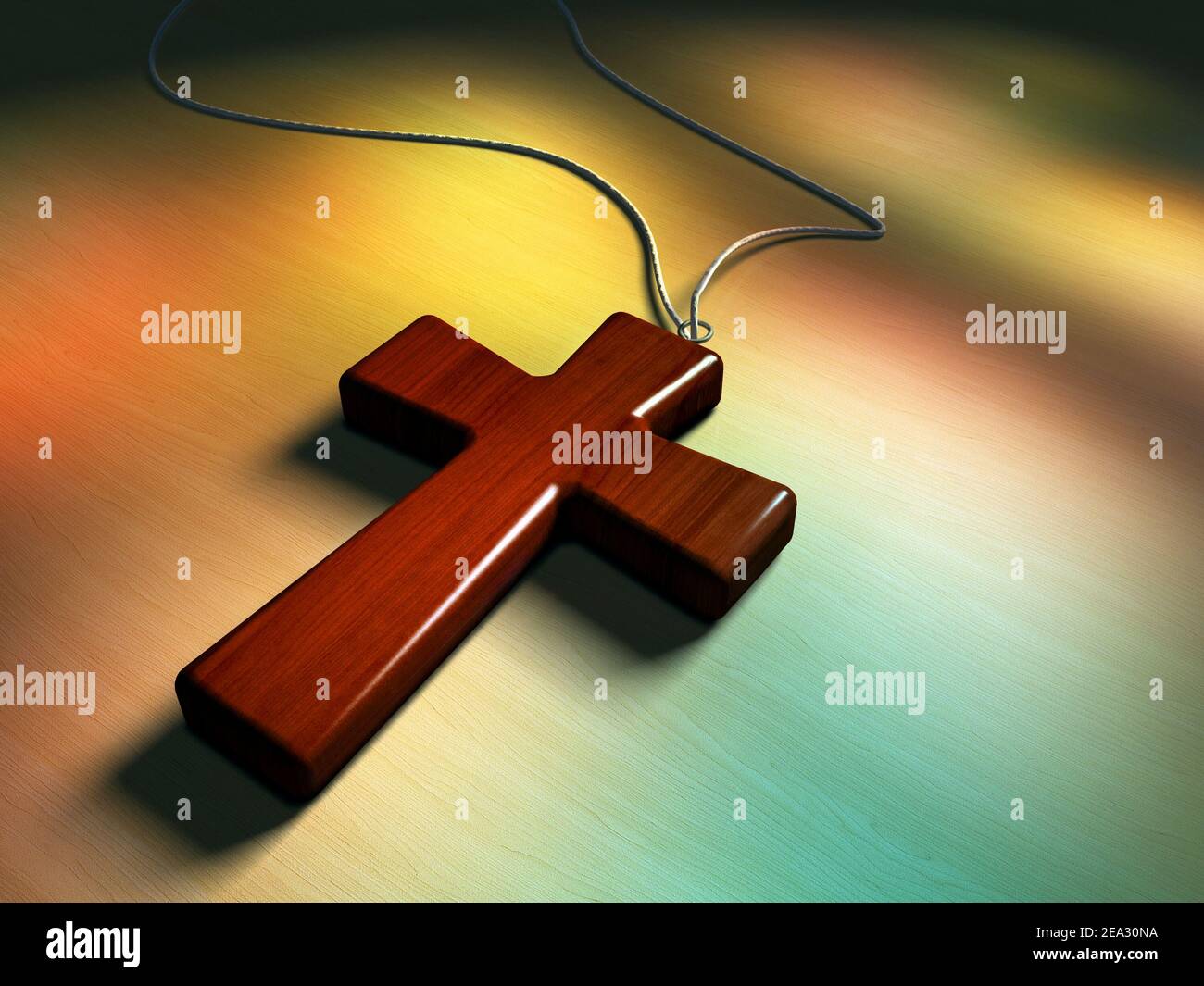 Wooden cross, light coming through some stained glass window. Digital ...