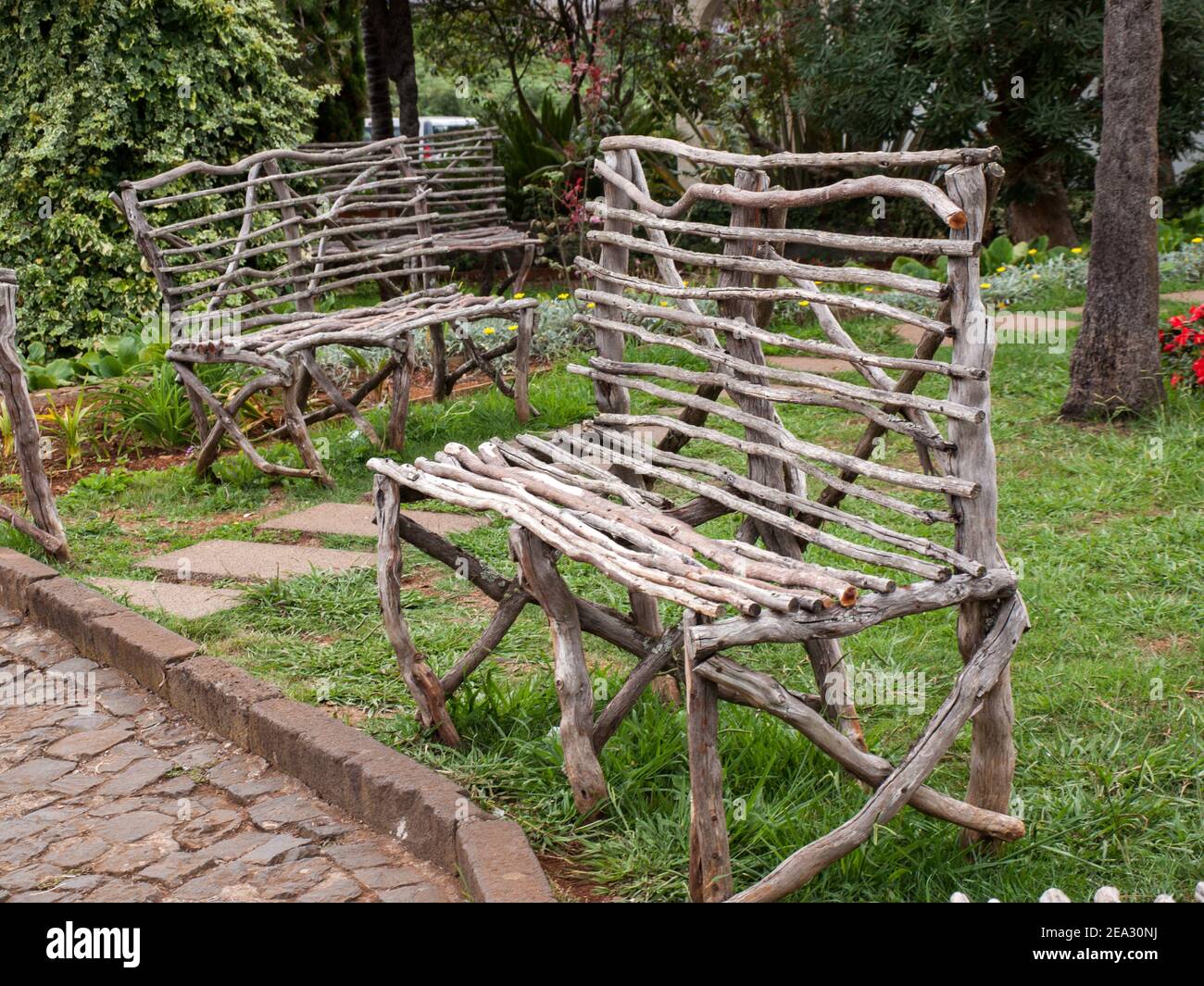 park benches made of dry branches of trees in Santana on Madeira Island ...