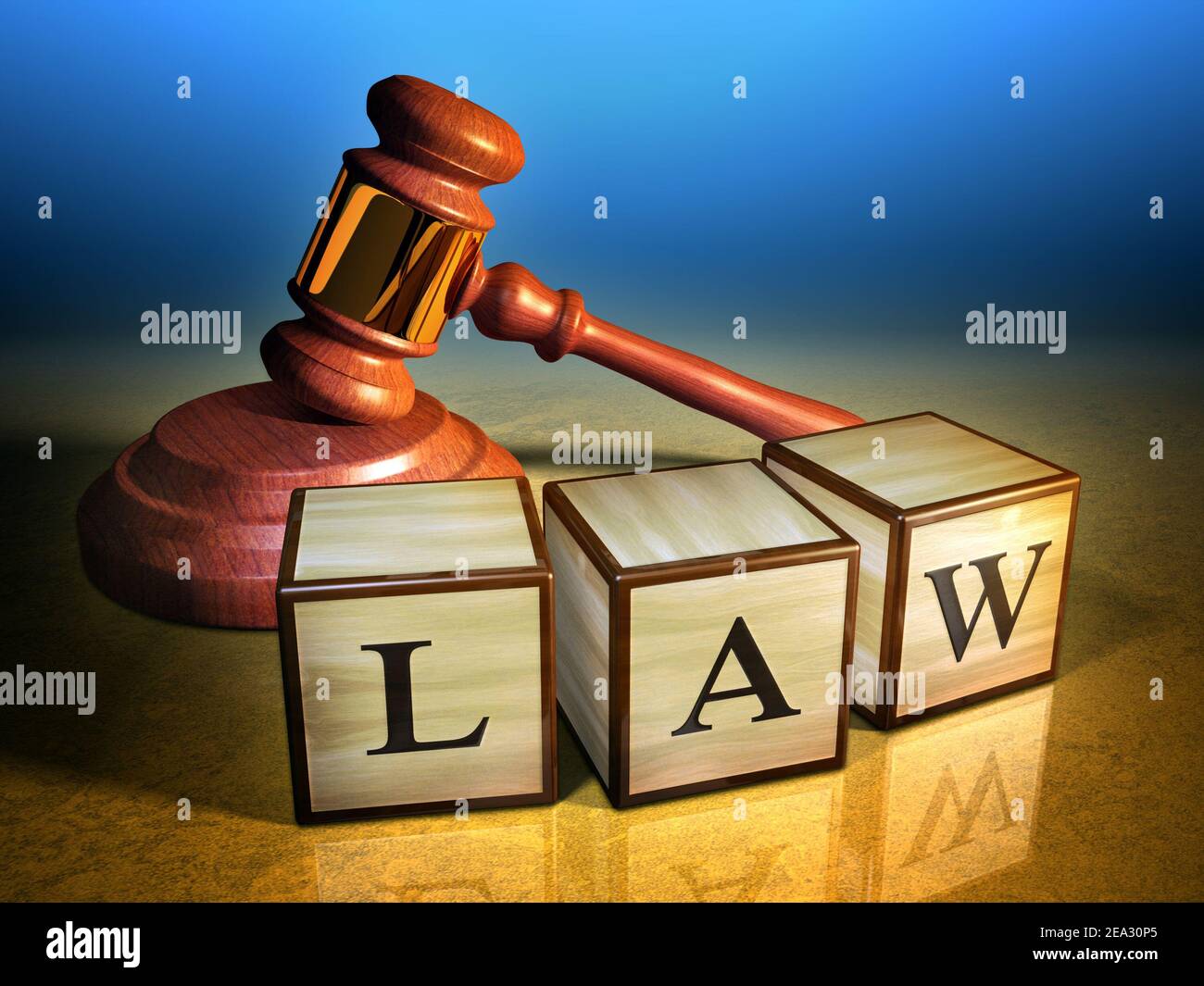 Some wooden cubes forming the word law, in front of a gavel. Digital ...