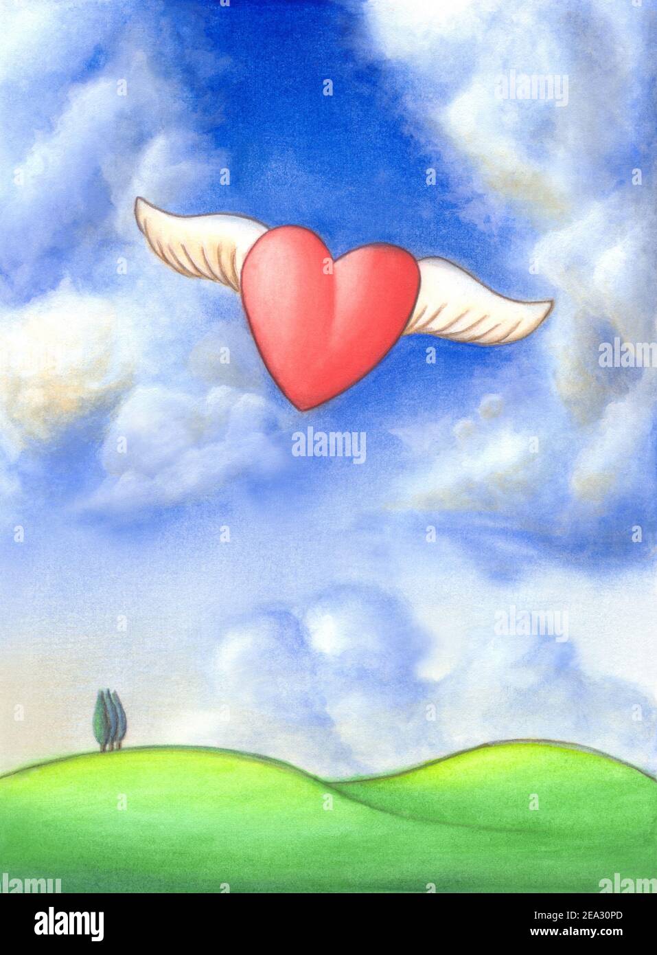 An heart flying through a gorgeous landscape. Hand painted illustration ...