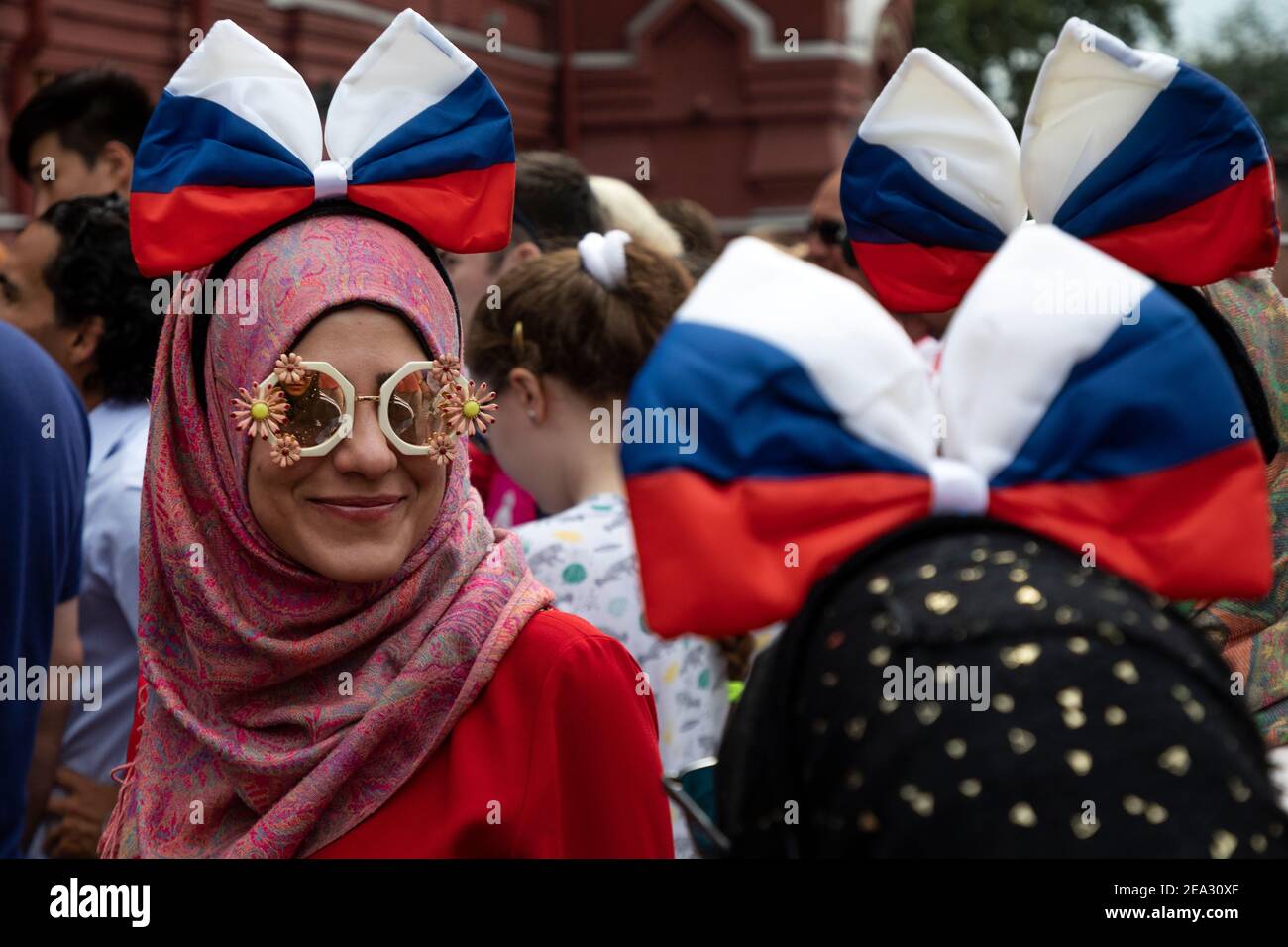 Girls in hijabs walk on Red Square in the center of Moscow, Russia ...