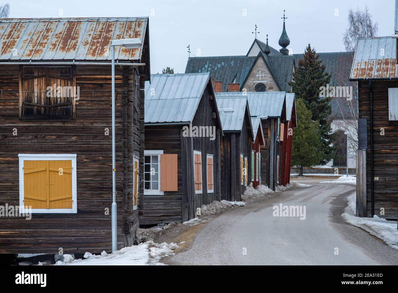 Ojeby church town outside of Pitea, Sweden. Small wooden buildings ...