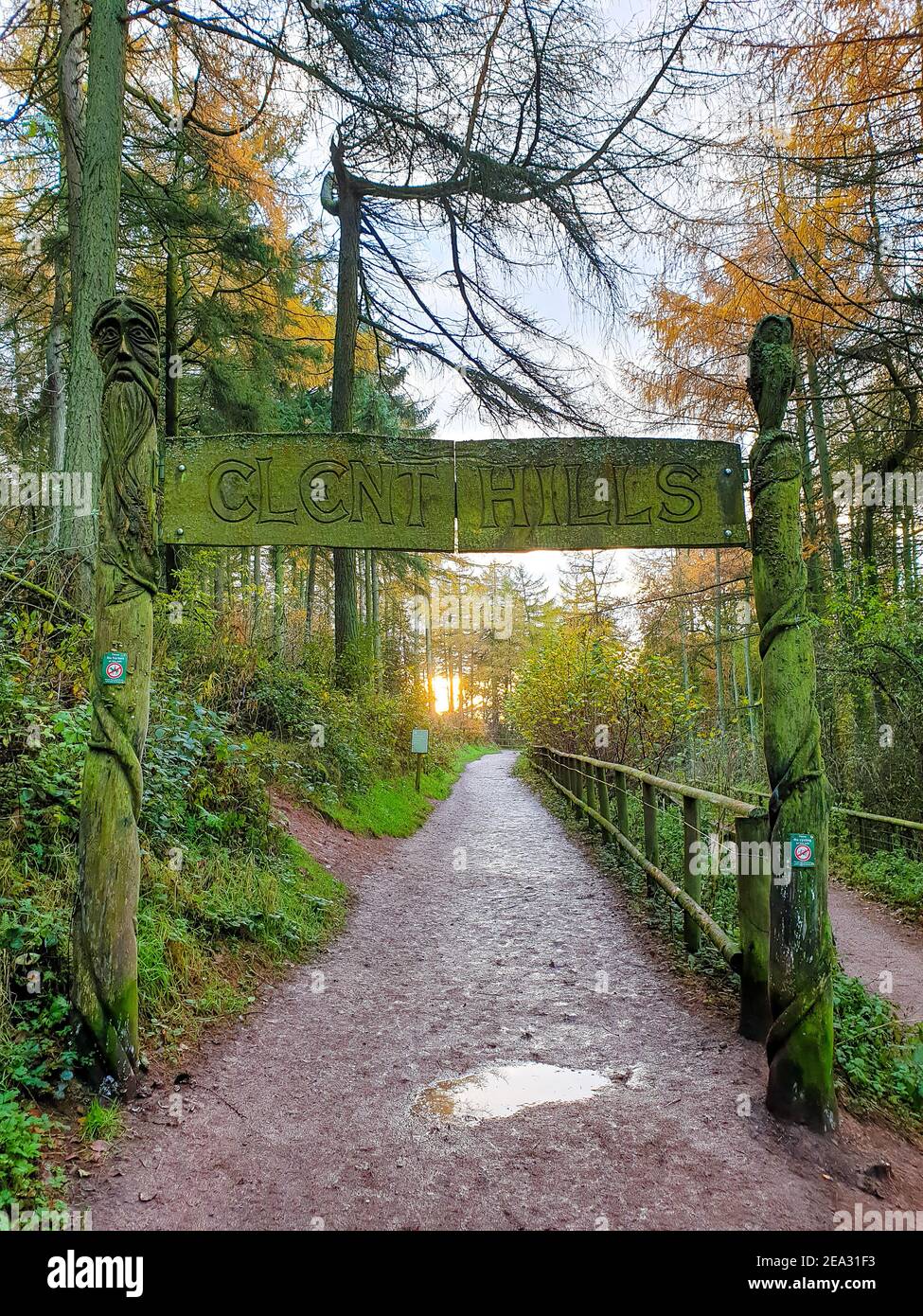 Entrance sign to Clent Hills in Autumn, National Trust countryside ...