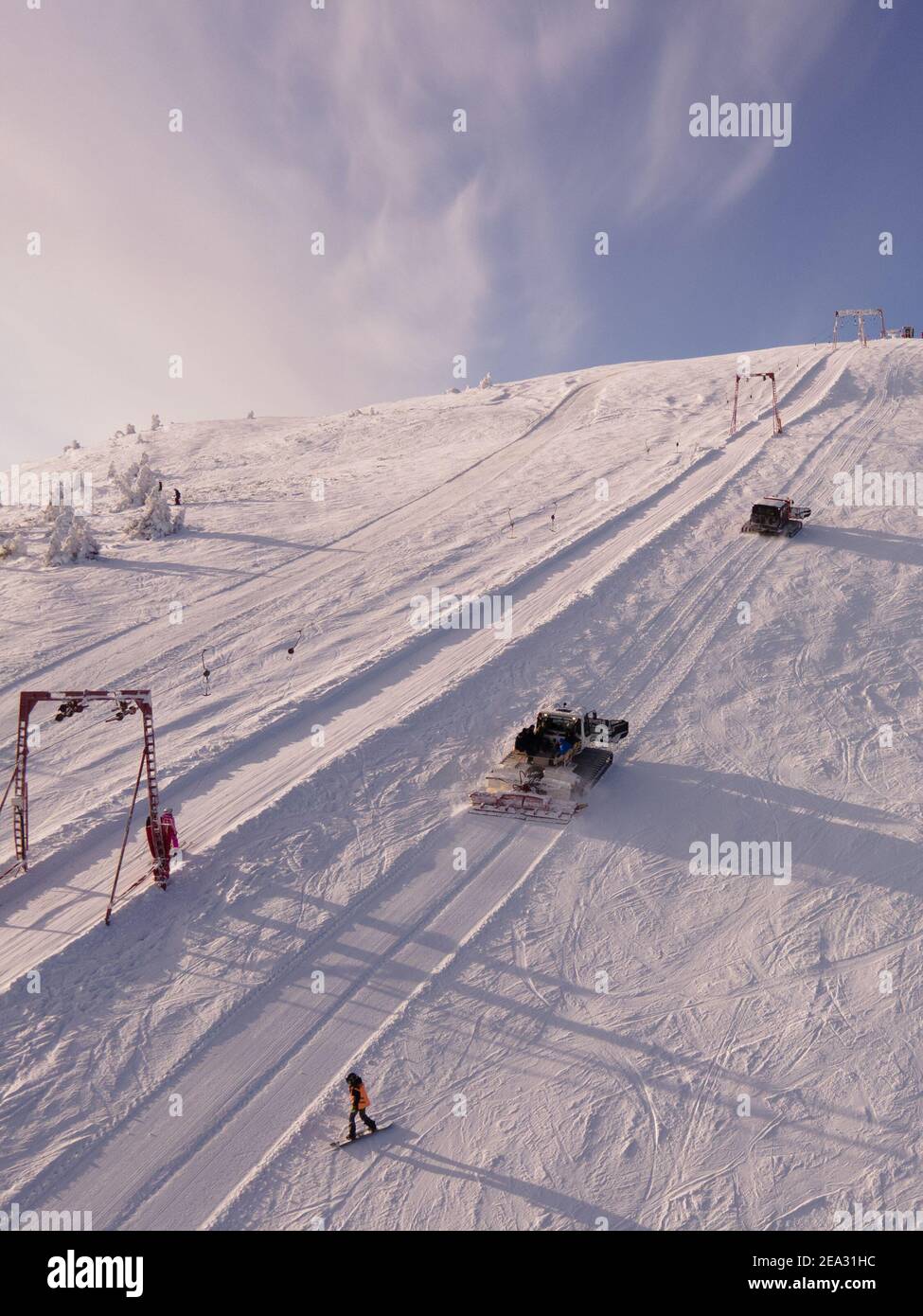 snowcat yoke ski lift overhead top view of snowed slope copy space ...