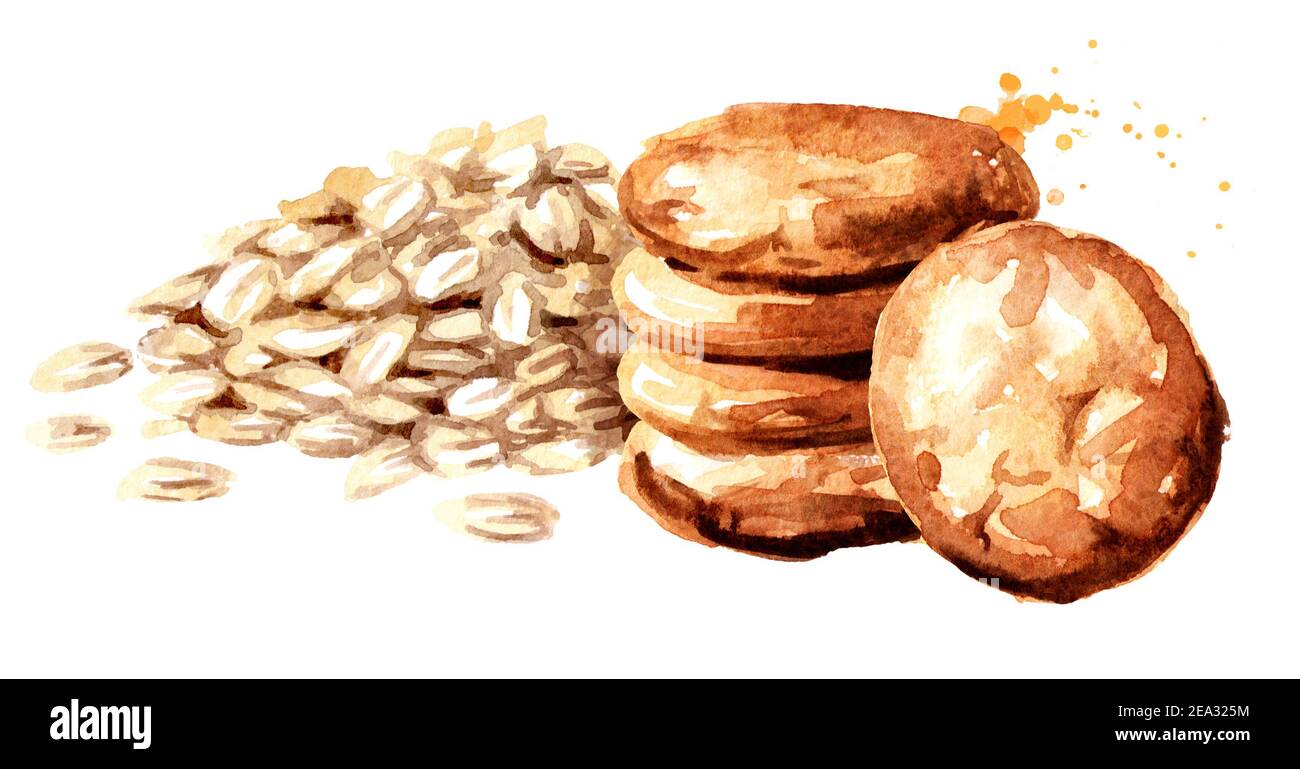 Oat cookies with oat flakes. Watercolor hand drawn illustration ...