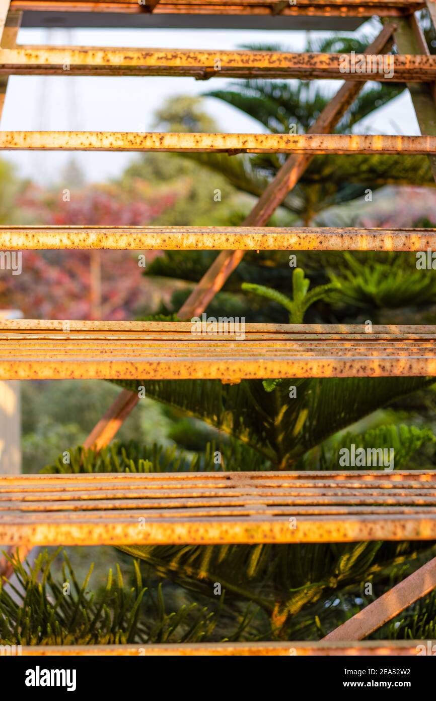 Rusty yellow metal stairs inside of a park Stock Photo - Alamy