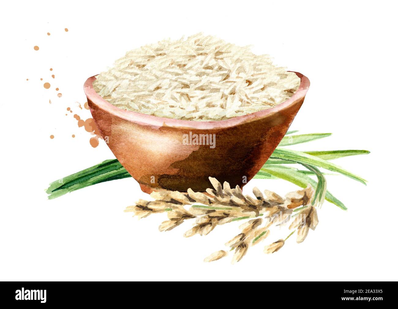 White Rice in a bowl. Watercolor hand drawn illustration, isolated on ...