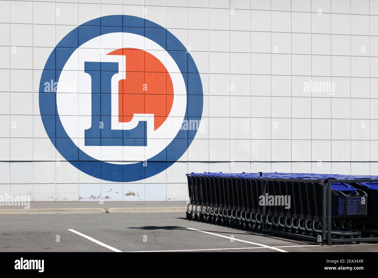 Roanne, France - May 31, 2020: Leclerc logo on a wall. Leclerc is a ...