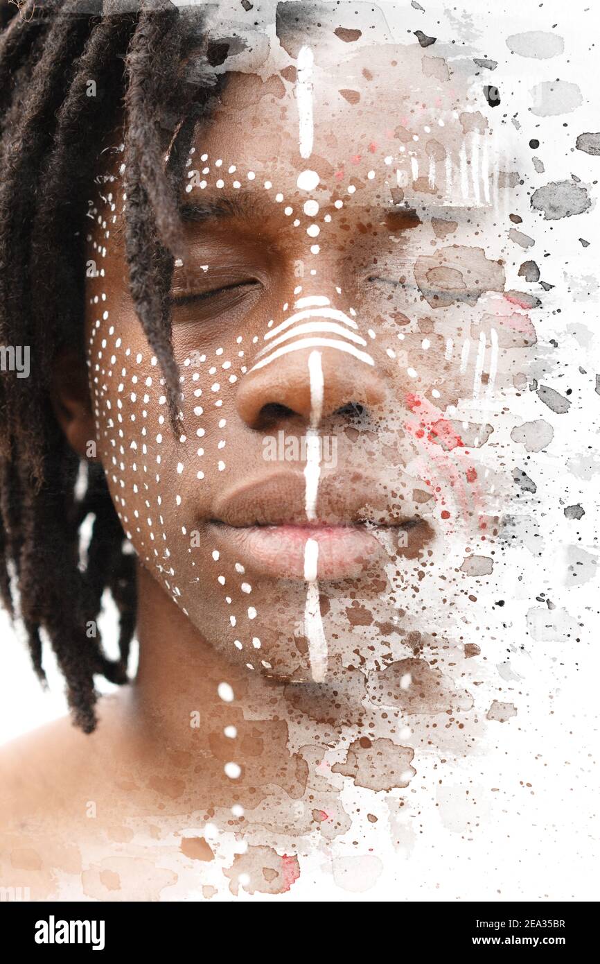 A man's portrait combined with random pain splashes Stock Photo - Alamy
