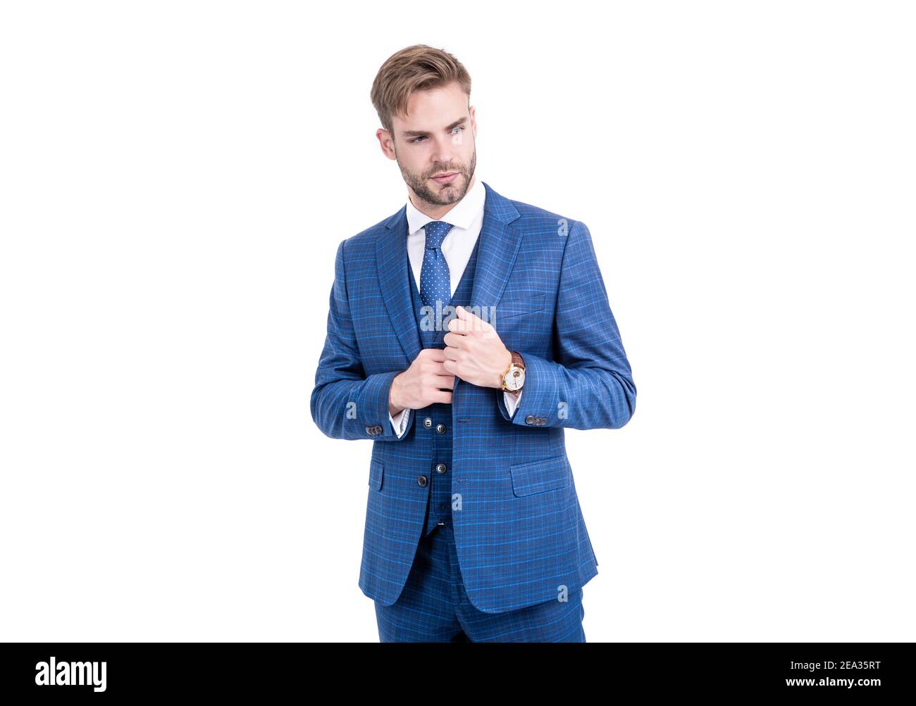 Making professional impression. Handsome man in suit isolated on white ...