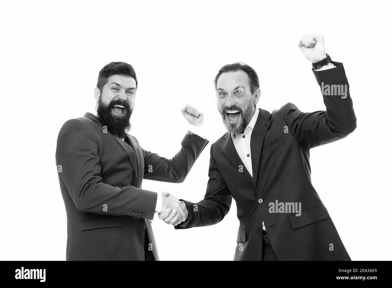 Congratulations, we did it. Happy businessmen express congratulations ...